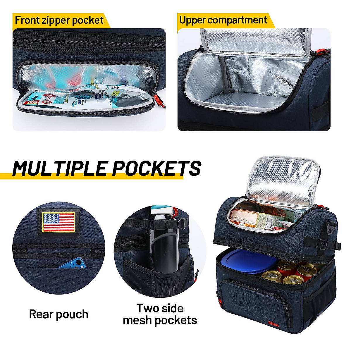 MIER Dual Compartment Lunch Bag Tote with Shoulder Strap for Men and Women Insulated Leakproof Cooler Bag, Dark Blue