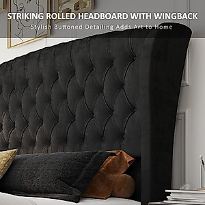 AMERLIFE Queen Size Platform Bed Frame, Velvet Upholstered Sleigh Bed with Scroll Wingback Headboard Footboard/Button Tufted/No Box Spring Required/Easy Assembly/Black