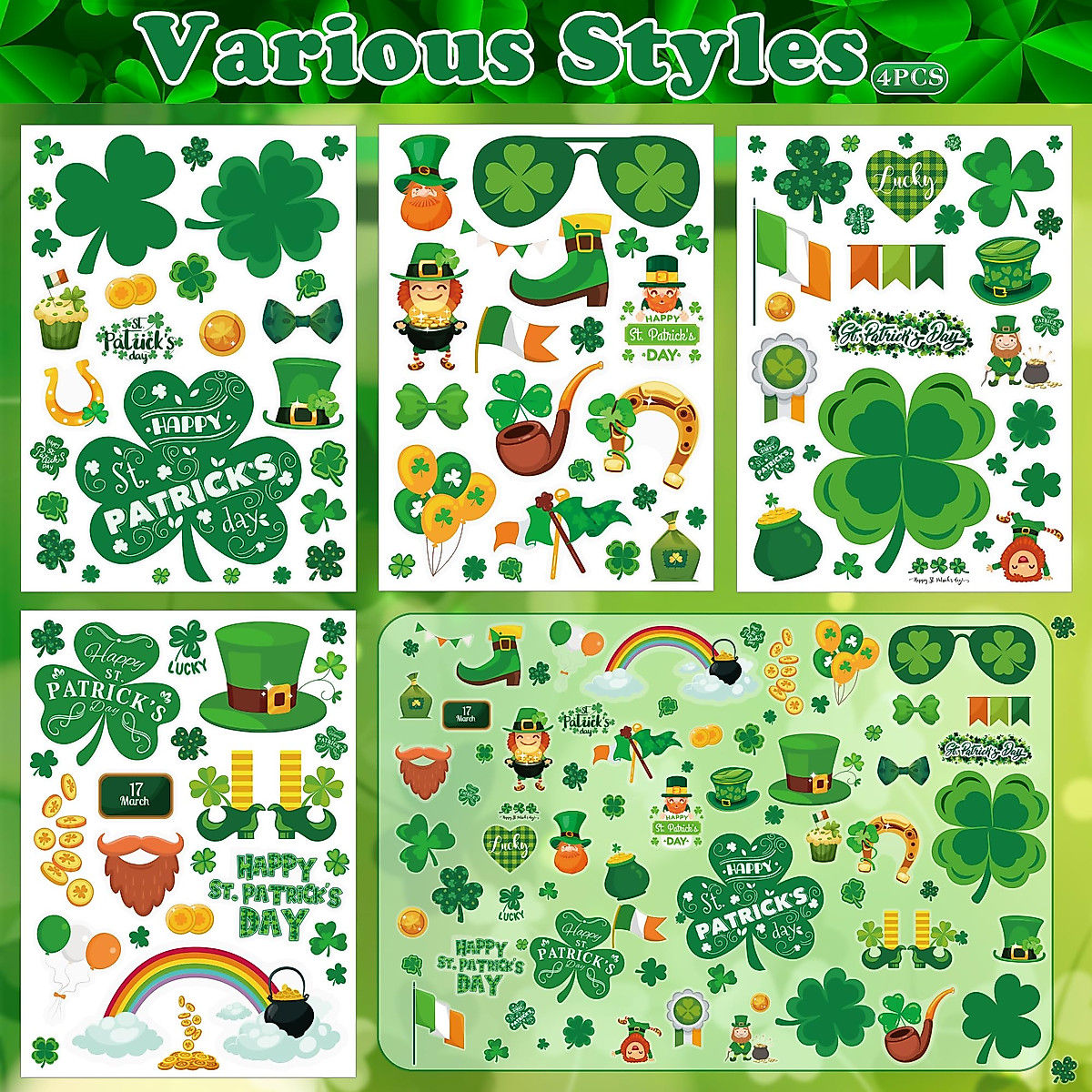MDDRUIQI St Patricks Day Decorations - 105 PCS St Patricks Day Window Clings - Shamrock Stickers for Glass Reusable Static Spring Shamrock Decorations | St Patricks Day Decor