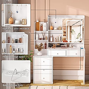 Vabches Vanity Desk with Mirror and Lights,Makeup Vanity with 6 Drawers and Shelves,Vanity Table with Power Outlet,Makeup Desk with Led Lighted Mirror in 3 Colors,for Bedroom,White