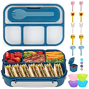 Lunch Box Kids, Bento Box Adult Lunch Box, Lunch Containers for Adults Kids Toddler, 1300ML-4 Compartment Bento Lunch Box w/ Food Picks Cake Cups, Microwave/Dishwasher/Freezer Safe, BPA Free (Blue)