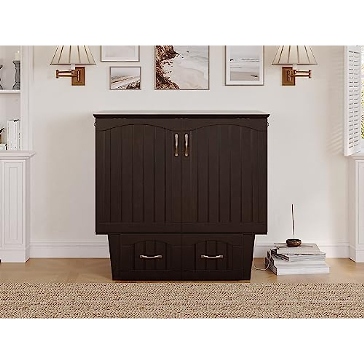 AFI, Nantucket Twin Murphy Bed Chest with Mattress, Storage Drawer and Built-In USB Charger, Espresso