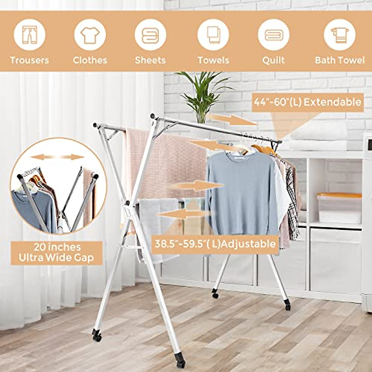 Tangkula Clothes Drying Rack with Wheels, Freestanding Stainless Steel Garment Rack for Laundry, Adjustable and Foldable, No Assembly Need, Space Saving Laundry Drying Rack for Indoor Outdoor