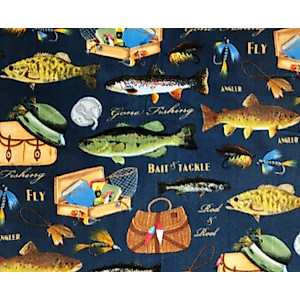 Fishing Tackle Fish & Creels on Blue Fleece Fabric Panel (Great for Quilting, Sewing, Craft Project, Throw Blanket, Wall Hanging, and More) 56" x 78"
