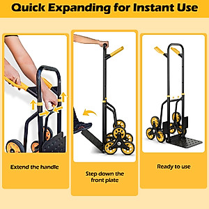 Goplus Stair Climbing Hand Truck, Folding Height Adjustable Dolly with 350 LBS Capacity, Elastic Rope, Telescoping Handle, 6 Rubber Wheels, 12” x 11.5” Nose Plate, 2-in-1 Heavy Duty Hand Cart