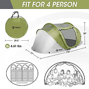 VILLEY 4-Person Easy Pop Up Tent, Waterproof Automatic Setup Instant Lightweight Camping Beach Tent with Carrying Bag for Camping, Hiking & Traveling - Green