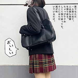 Chillpaper Large Japanese Shoulder Bag,Faux Leather Tote Messenger Crossbody Bookbag with Pink Pompom Stripe Strap (A3 Big Size, Black)