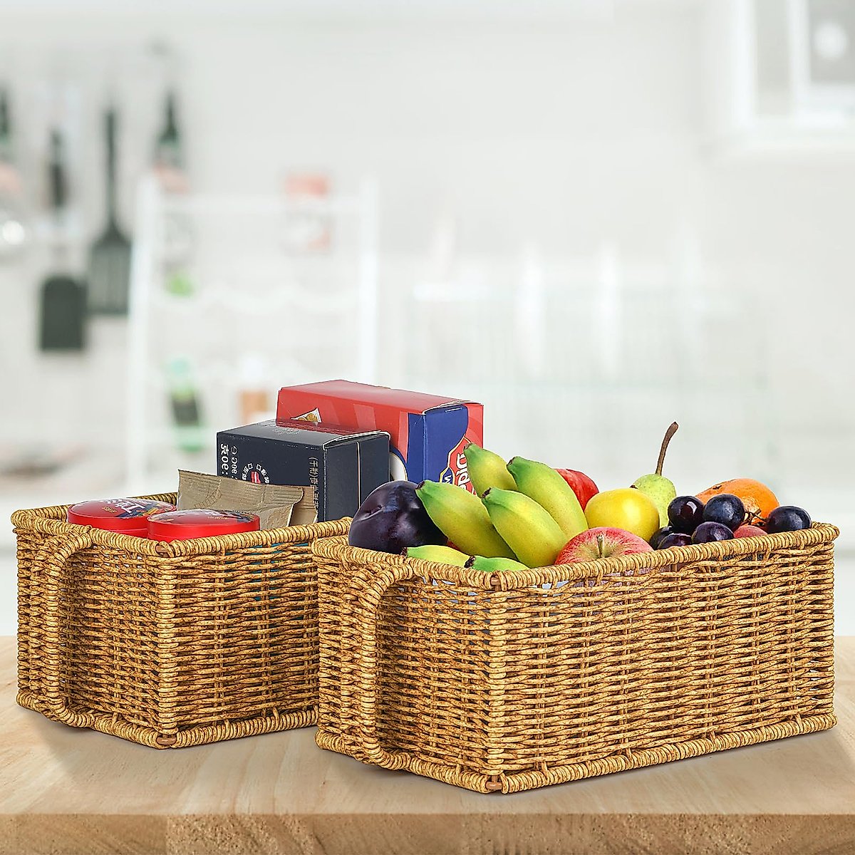 Small Wicker Basket with Handles, Rectangular Baskets for Shelf Organizing, Basket Set of 2