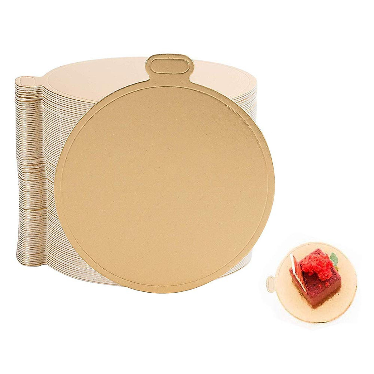 100-Pack Mini Cake Base Boards, Gold Mousse Cake Cardboard Set, Ideal for Dessert Buffet, Wedding, Parties, Catering Supplies (mixing set)