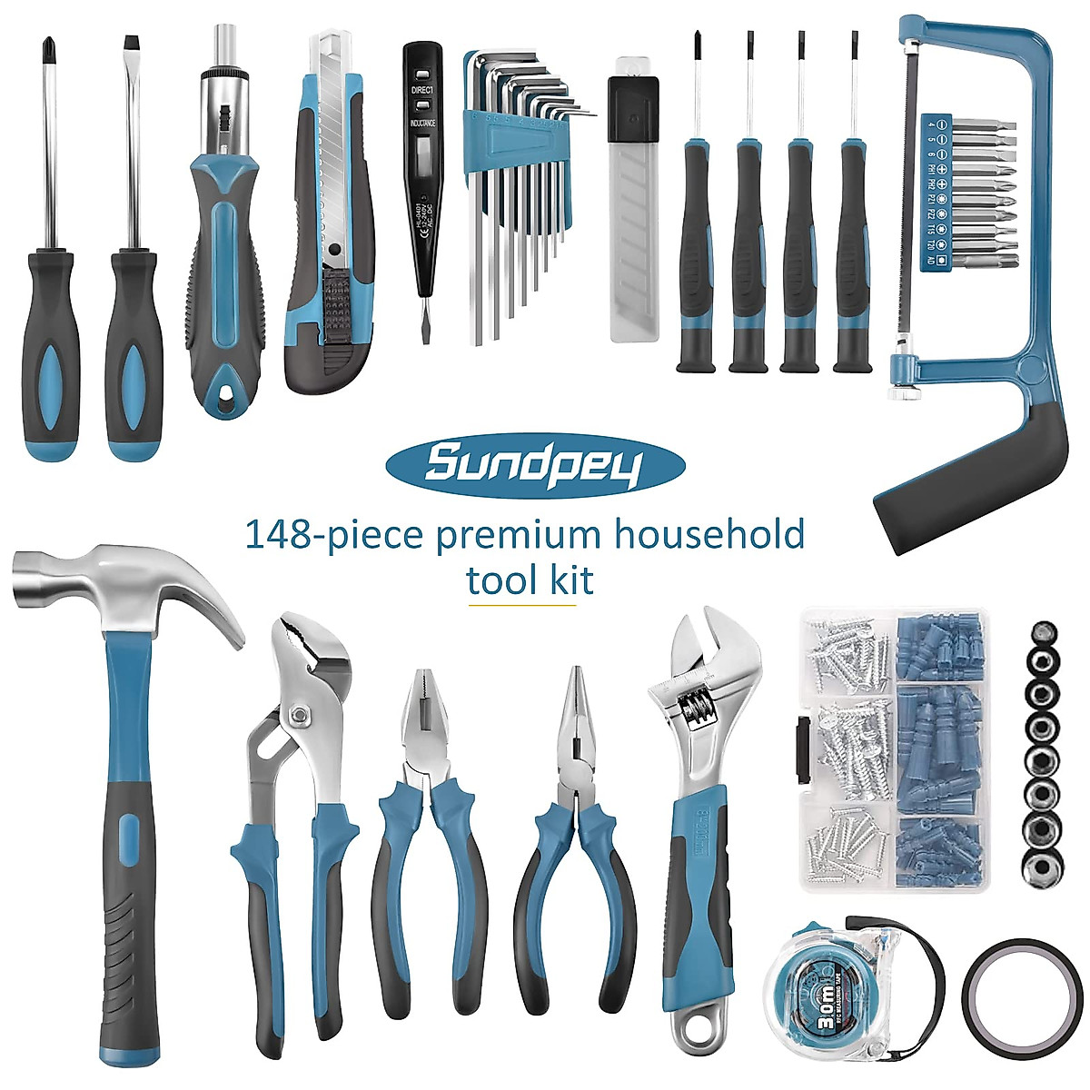 Sundpey Home Tool Kit 148-Pcs - Household Basic Complete Hand Repair portable Tool Set with Case & Ratcheting Screwdriver & Hex Key & Pliers & Wrench & Voltage Tester & Water Pump Plier for Men Women