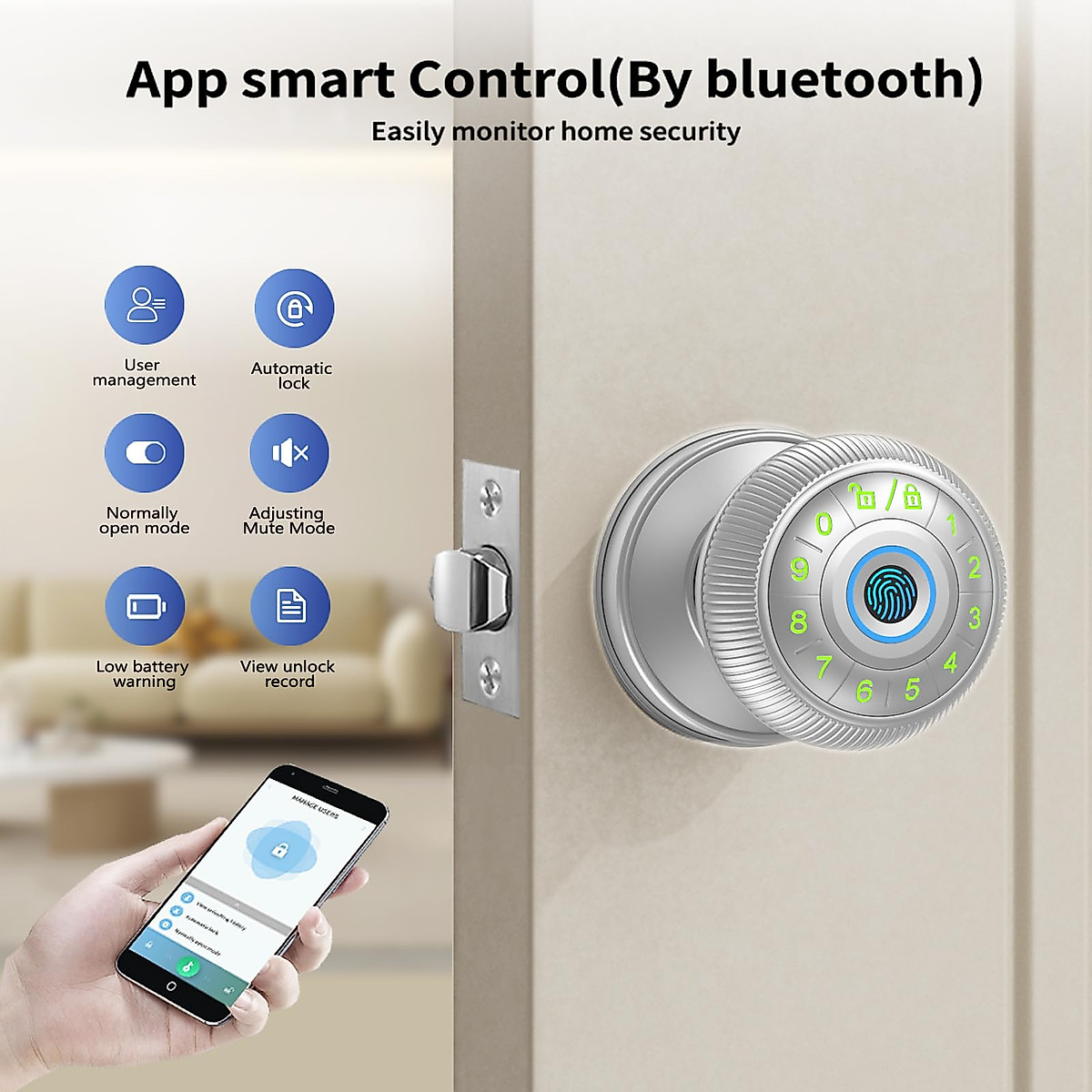 Fingerprint Door Lock,Smart Door Knob,biometric lock, keypad entry,keyless handle.Ideal for bedroom,home,hotel,office,apartment.Enhances security & convenience. (Silvery)