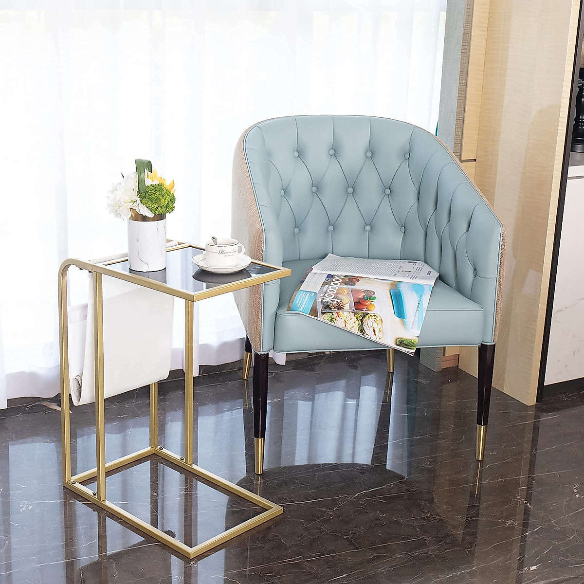 HAWOO Rectangle Nightstand, C Shaped End Snack Side Table Slide Under Couch with Glass Top and Storage for Sofa Coffee Laptop Living Room Bedroom Small Space, 18.5" L x 12" W x 24" H