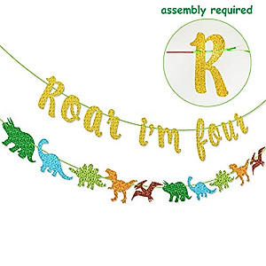 Roar I'm Four Banner Dinosaur Garland for Kids' 4th Dinosaur Birthday Party Decorations