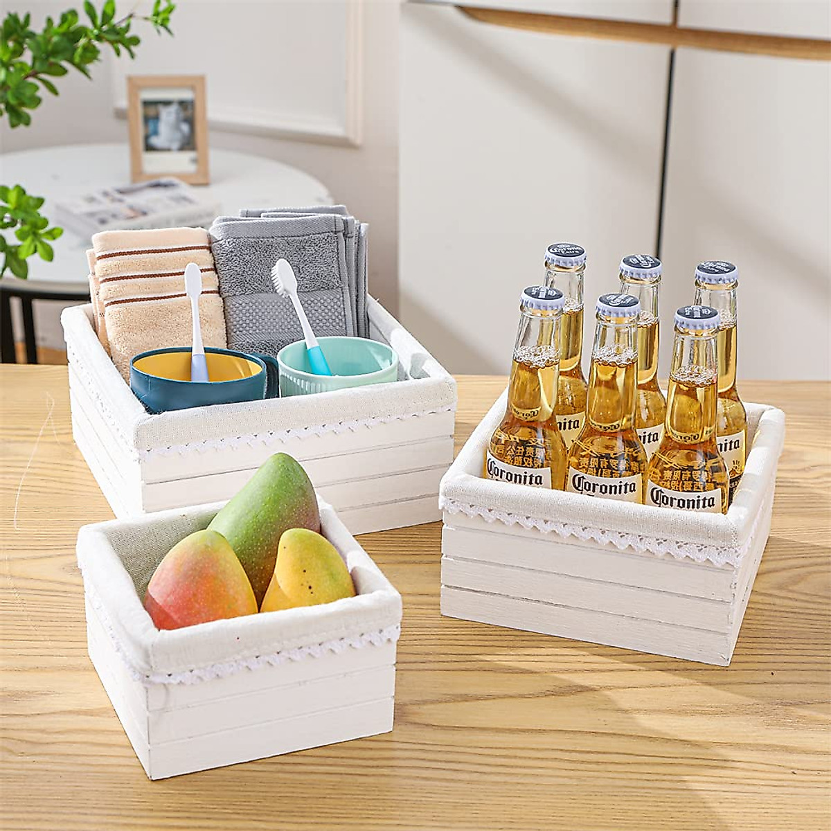 Quan Shuo Antique Square Nesting Box, Decorative Farmhouse Wooden Storage Box 3-Piece Set, White