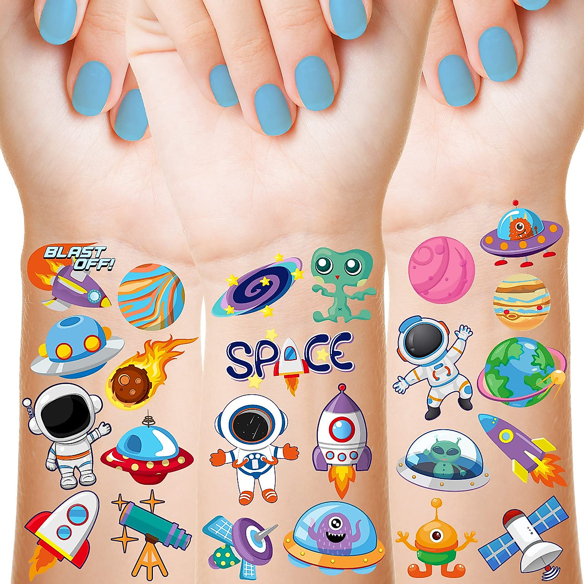 Maitys 288 Pcs Space Themed Party Temporary Tattoos Include Alien Planet Rocket ship Tattoos Stickers for Kids Astronaut Favors Goodie Bag Stuffers Space Themed Birthday Supplies 48 Styles