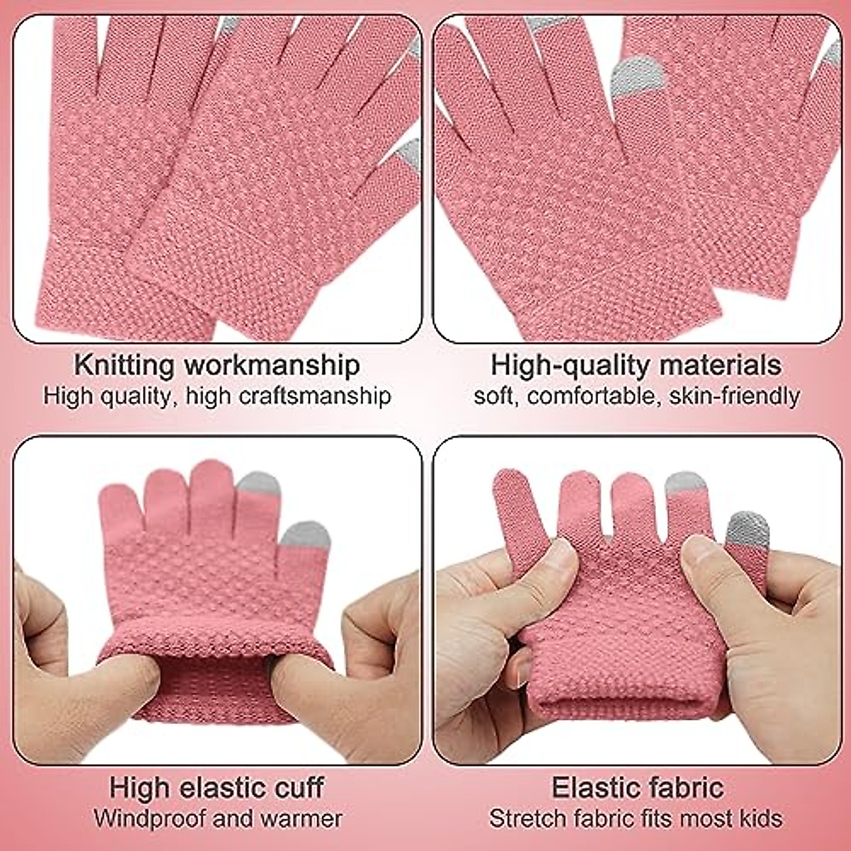 Enwokran Kids Winter Knit Beanie Hat Scarf and Touchscreen Gloves Set,Fleece Lining Beanie Hat with Cute Pom Knit Gloves Neck Warmer for Girls Boys 2-8 Years Old (Deep Pink2)