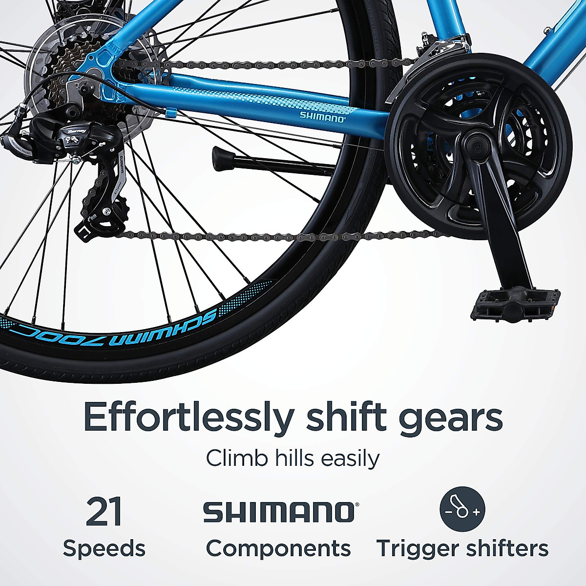 Schwinn Volare 1200 Flat Bar Hybrid Sports Road Bike, Men and Women, 21-Speed, 700c Wheels, 17-Inch Aluminum Frame, Disc Brakes, Blue