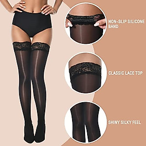 MANZI Shiny Thigh High Stockings Sexy Lace Top Stay Up Silky Sheer Stocking Shimmery Tights for Women 2 Pairs Pack Black L-XL