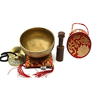 5" Tibetan Singing Bowl for Meditation, Sound Healing, Yoga & Sound Therapy. Made of 7 metals. Silk Cushion, Wooden Mallet, Box & Tingsha included Thamelmart (5 Inch matte)