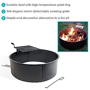 Sunnydaze 36-Inch Heavy-Duty 2mm Thick Steel Wood-Burning Fire Ring with Cooking Grate and Fire Poker