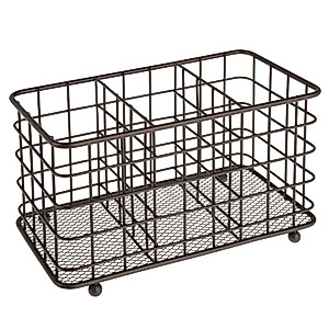 mDesign Farmhouse Modern Metal Wire Cutlery and Utensil Storage Organizer Bin for Kitchen, Pantry, Table and Countertop - Utensil Caddy Holds Forks, Knives, Spoons, Napkins - 3 Sections - Bronze