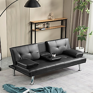 Eafurn Faxu Leather Futon Bed Convertible Folding Couch for Living Room Sectional Sleeper Sofa for Small Space with Cup Holder and Removable Armrest, Black