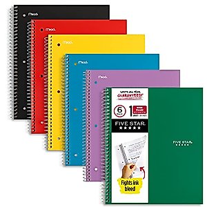 Five Star Spiral Notebooks, 6 Pack, 1-Subject, Wide Ruled Paper, 10-1/2" x 8", 100 Sheets, Assorted Colors Will Vary, 6 Count (Pack of 1)