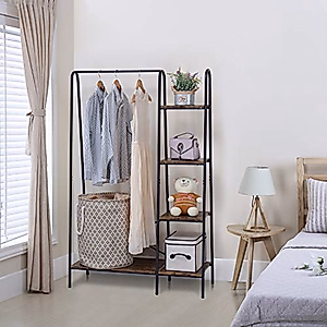 Finnhomy Rustic Clothes Rack, Clothing Rack for Hanging Clothes Heavy Duty Garment Rack with 5 Wood Shelves Freestanding Portable Closet Organizer for Bedroom/Entryway/Boutiques，Matte Black