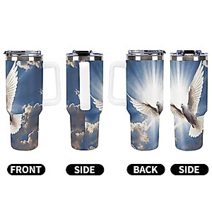 LLUTSNTH 40 Oz Vacuum Tumbler with White Handle Leakproof Insulated Tumbler Dove Sky Stainless Steel Travel Mug with Lid And Straw Coffee Cup Cute Water Bottles Cup Holder Friendly