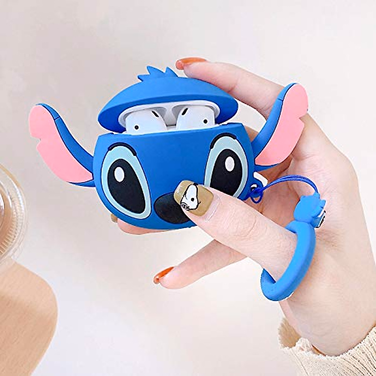 Ultra Thick Soft Silicone Case Cover for Apple AirPods 1 2 1st 2nd Generation with Strap Blue Stitch Anime 3D Cartoon Adorable Lovely Classic Cute Funny Women Teens Girls