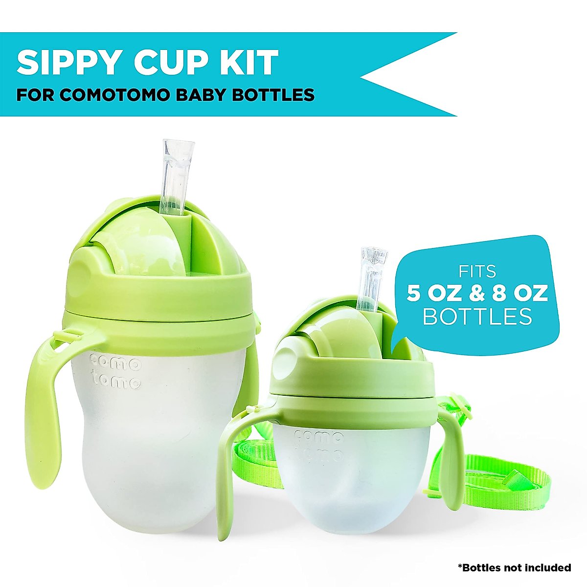 Botabee 3-in-1 Weighted Straw Sippy Cup Conversion Kit for Comotomo Baby Bottles | Compatible with Comotomo 5 Ounce & 8 Ounce Bottles | Versatile Leak-Proof Lid | Easy to Clean - Green (2 Pack)