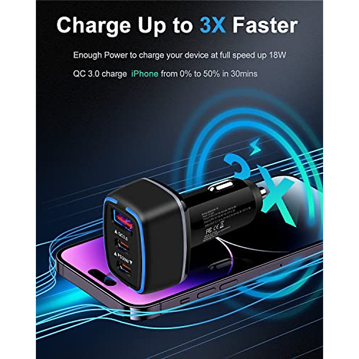 78W USB C Car Charger, Super Fast Charging Cigarette Lighter Adapter, 3 Port Power Delivery Auto Cargador for Samsung Galaxy S22 Ultra, Apple iPhone 14 Pro Max 13, iPad, Google Pixel, Kindle Fire, PS5