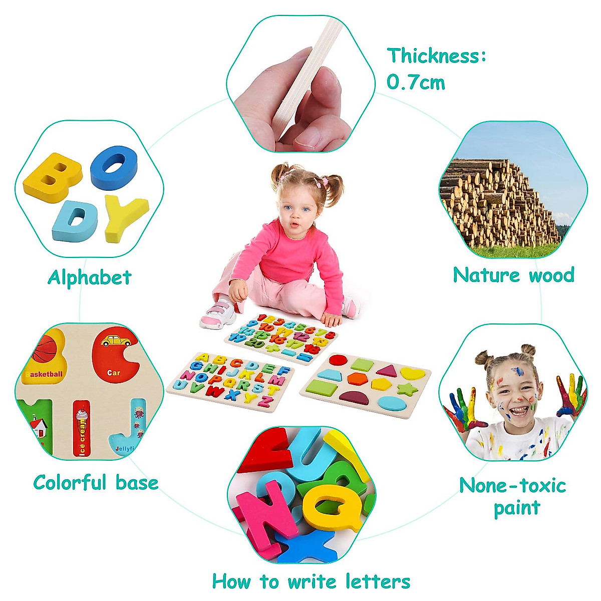 Wooden Puzzles for Toddlers - Wood Alphabet Number Shape Learning Puzzle for Kids Ages 2 3 4 5 - Boys Girls Preschool Educational Toys Gift