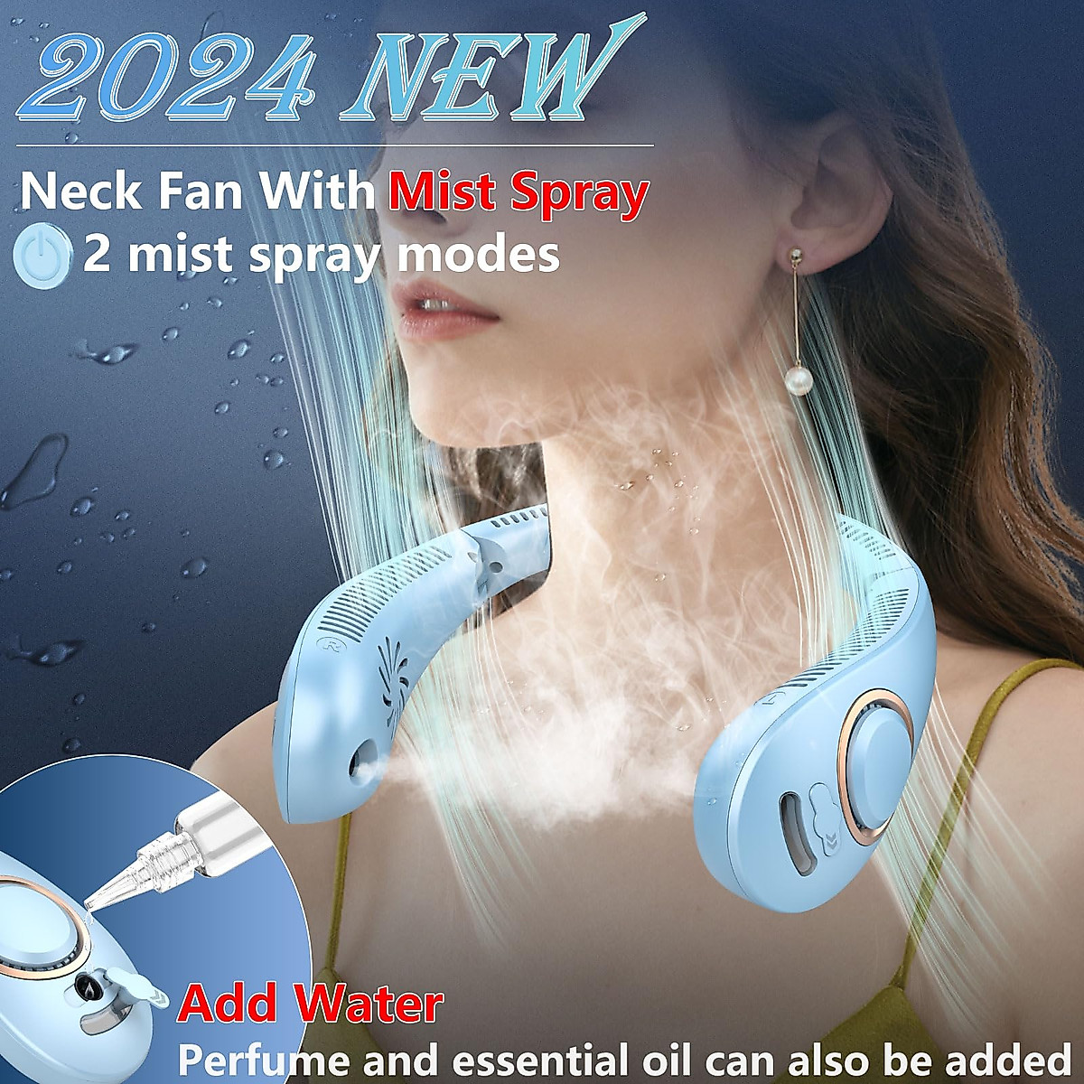 Neck Fans Portable Rechargeable-Foldaway Neck Fan with Mist,Personal Fan for Neck Wearable Hanging around,Cordless Neck Coolers for Female Male Kids Dad Mom Extremely Hot Weather Indoor Outdoor Blue