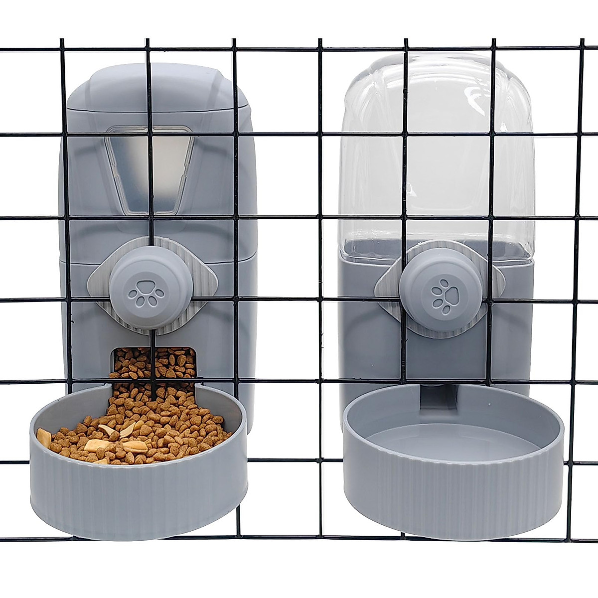 Apatal Hanging Automatic Rabbit Food and Water Dispenser for Cage, Gravity Bunny Pellet Feeder Plastic Small Animal Feeding & Watering Supplies for Ferret Puppy Kitten Guinea Pig Crate (Gray)