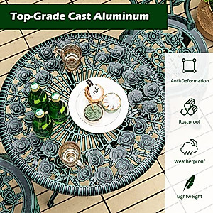 Giantex 3 Piece Bistro Set Cast Aluminum Rose Design Antique Outdoor Patio Furniture Weather Resistant Garden Round Table and Chairs w/Umbrella Hole (Rose Design)