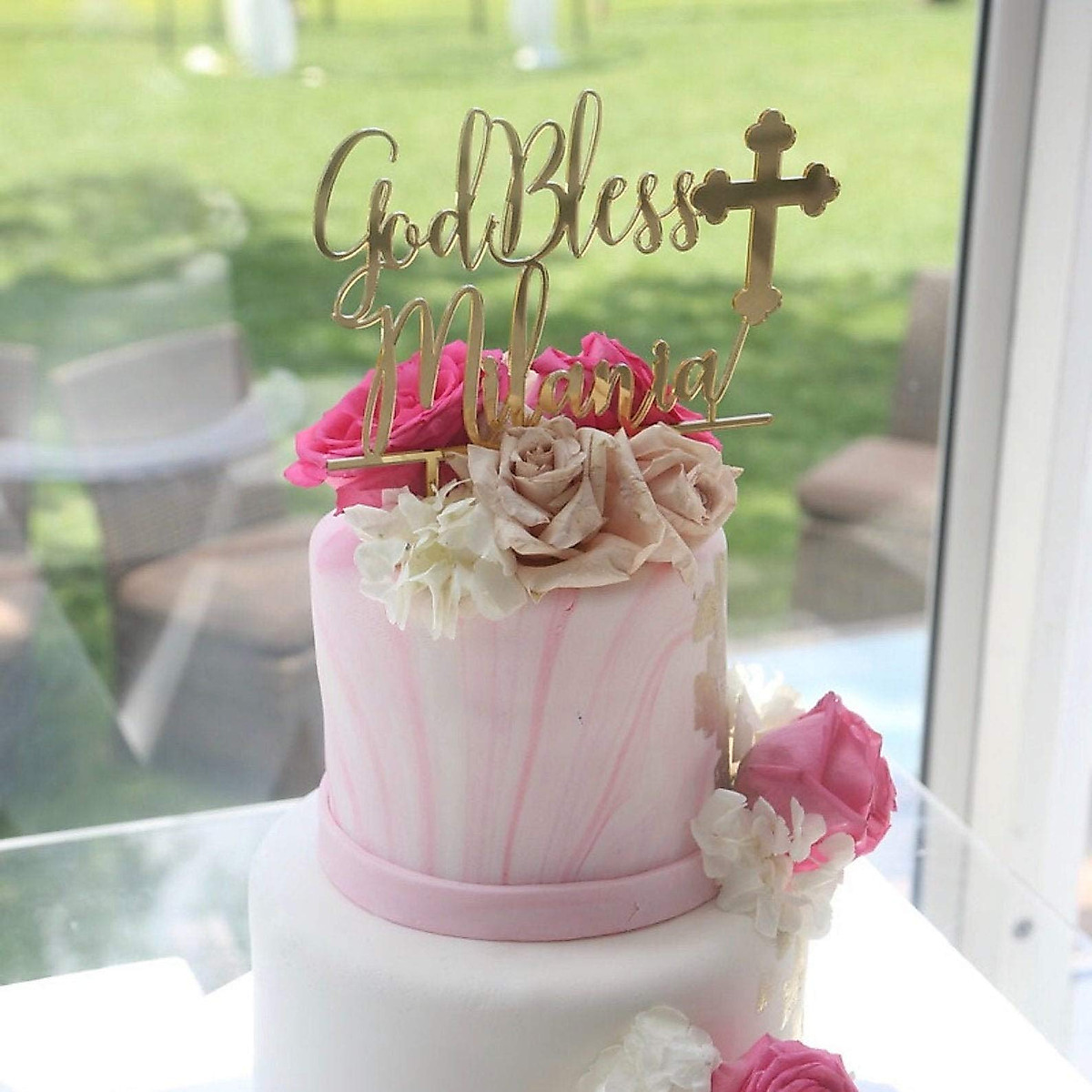Personalized God Bless Cake Topper with Cross Name Baby Baptism centerpiece Christening Topper 1st First Holy Communion Religious Toppers Blessed Custom Sign Christian Acrylic Party Anniversary Gifts