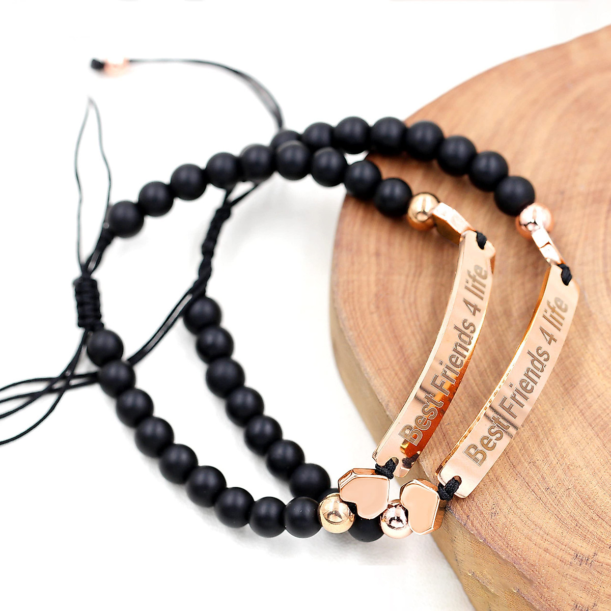 Handmade Black Matte Onyx Beads Personalized Name Bracelets for Women with Rose Gold Plated Stainless Steel Custom Name Plate Y1451