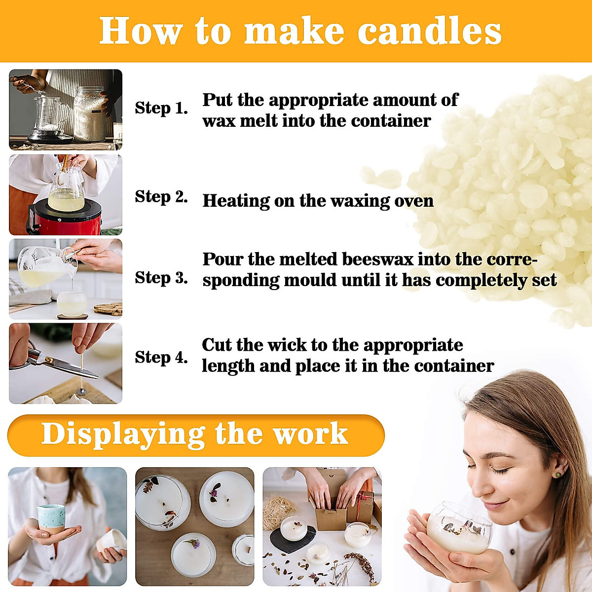 CARGEN Natural Beeswax Pellets - 428g White Beeswax Pastilles Pure Bulk Bees Wax Pellets for DIY Beewax Making Candles Skin Care Lip Balm Soap Lotion