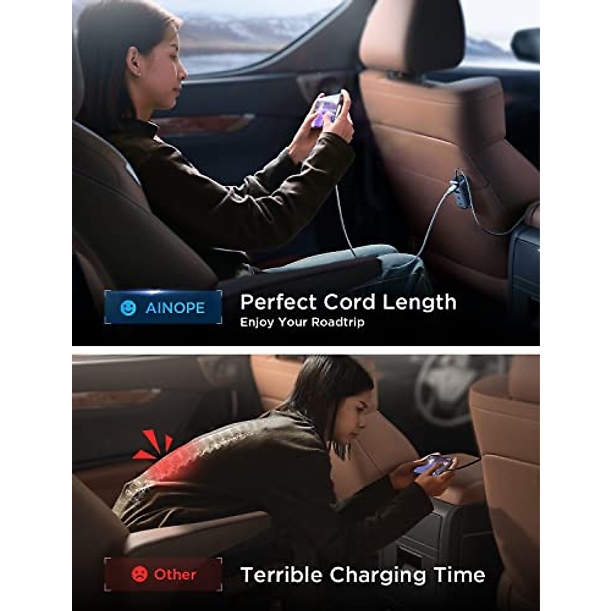 AINOPE 90W USB C Car Charger 6-Port, Super Fast USB Car Charger Fast Charging, PD 30W & QC3.0 Cigarette Lighter Car USB Charger Multi Port with 5FT Cable for iPhone 14/iPad Pro/Samsung S23 Ultra