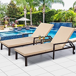 AECOJOY Chaise Lounge Chairs for Outside Outdoor Lounge Chairs, Adjustable PE Rattan Wicker Patio Pool Lounge Chair with Cushion and Wheels for Poolside Backyard Deck Porch Garden, Brown