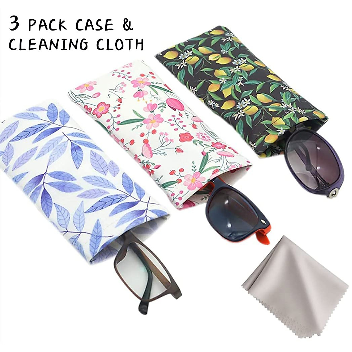 WOW DING 3 PACK Sunglasses Case, Eyeglasses Pouch for Women, Portable Leather Soft Glasses Cases with Cleaning Cloth