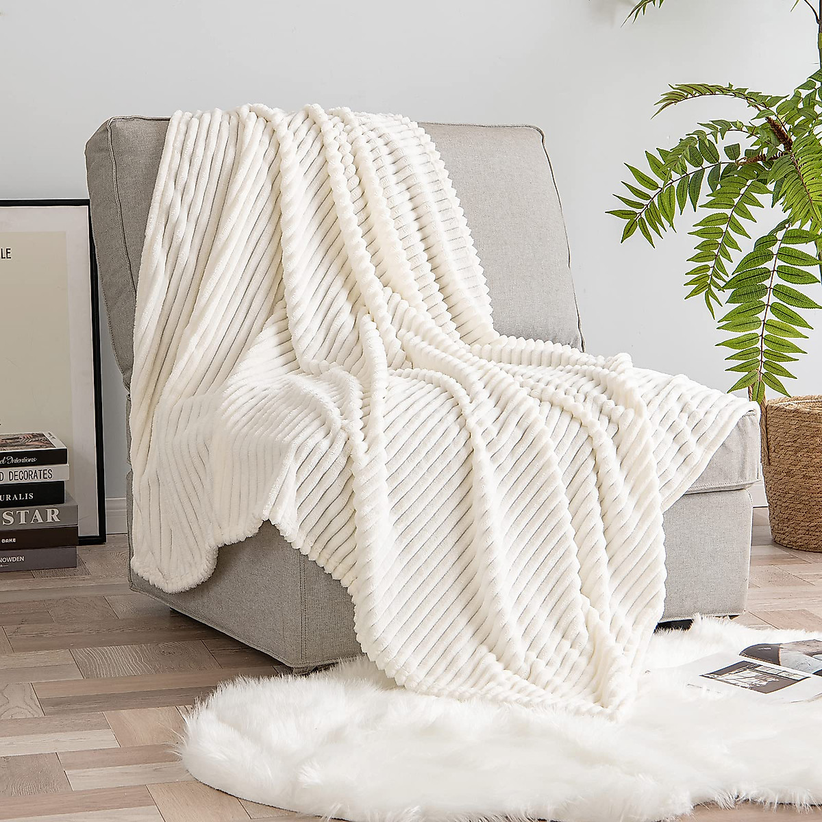 MIULEE Cream White Throw Blanket 3D Ribbed Jacquard Fleece Flannel Velvet Plush Decorative Bed Blanket (Throw, 50" x 60") - Super Soft, Lightweight, Warm and Cozy for Couch Sofa