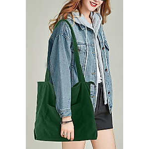 Corduroy Tote Bags for Women with Zipper and Front Pocket Shoulder Handbags Casual Canvas Purse, Green