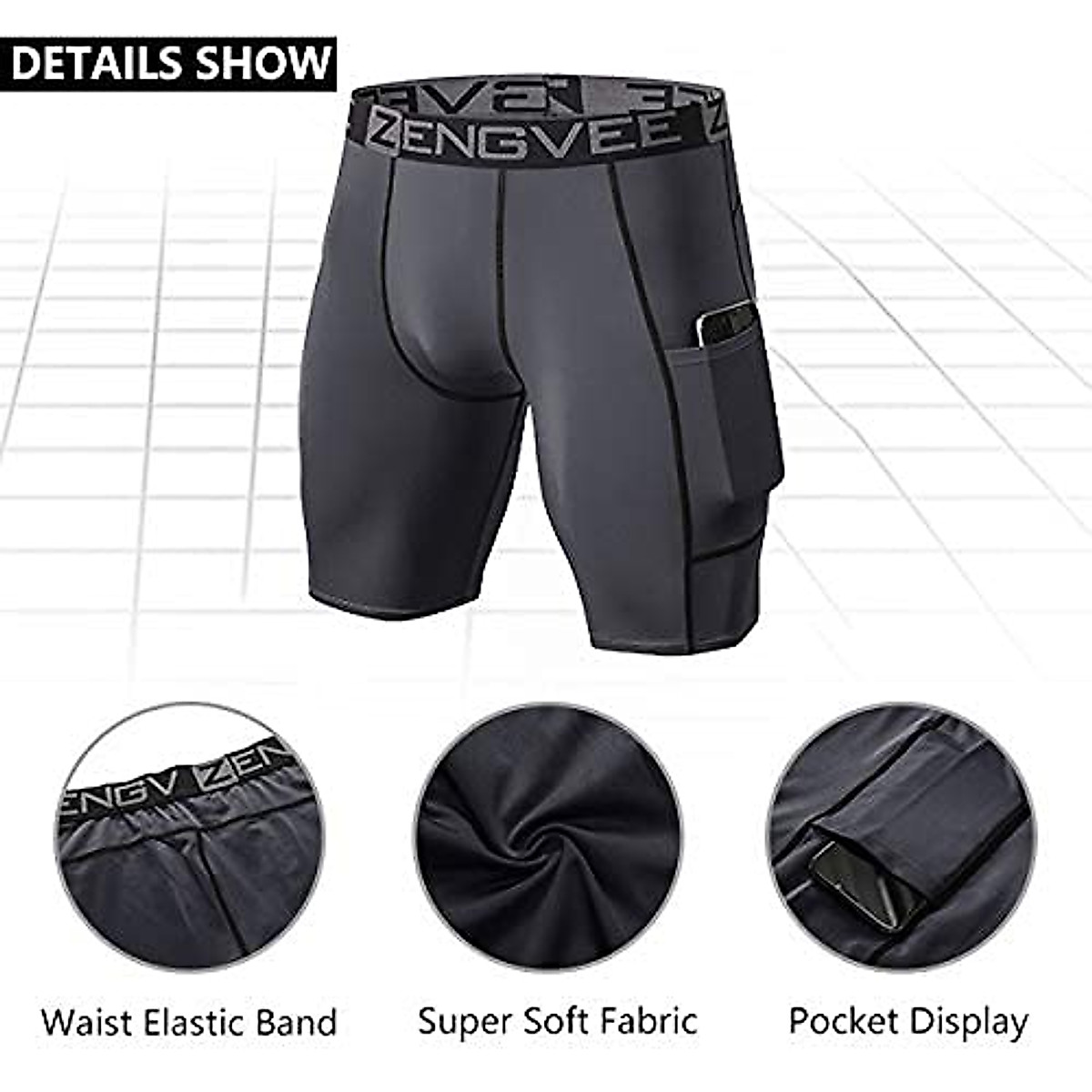 ZENGVEE Compression Shorts Men 3 Pack with Pocket Running Short Mens Gym,Workout,Cycling,Swimming,Yoga,Climbing,-(1011-3Grey-M)