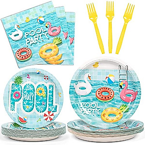 DECORLIFE 96PCS Pool Party Supplies Serves 24, Pool Party Plates and Napkins Sets, Summer Paper Plates, Beach Theme Party Decorations