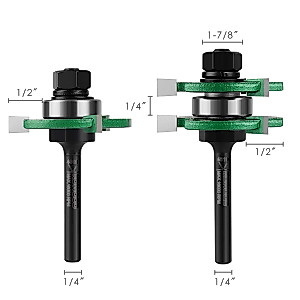 KOWOOD Pro Tongue and Groove Set of 2 Pieces 1/4 Inch Shank Router Bit Set 3 Teeth Adjustable T Shape Wood Milling Cutter