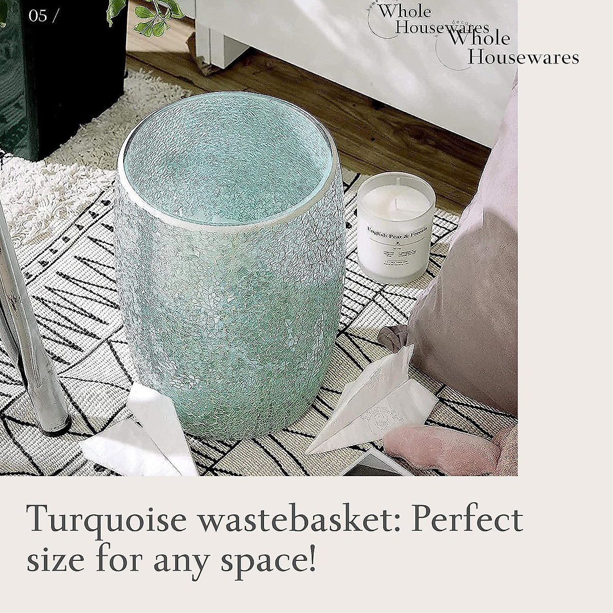 WHOLE HOUSEWARES Mosaic Wastebasket - Glass Decoration Bathroom Trash Can - Shiny Finish Bathroom Accessory - 7.5" x 10" - Turquoise