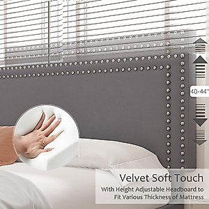 VECELO Queen Size Upholstered Platform Bed Frame with 4 Storage Drawers, Adjustable Velvet Rivets Headboard, Wooden Slats Support, No Box Spring Needed, Easy Assembly