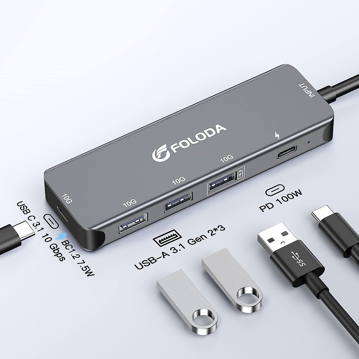 USB C Hub 3.1 Gen2 10Gbps Adapter, FOLODA 3.2 Gen2/USB 3.1 Gen2 USB C Hub with 3*Type-A, 1*Type C 10Gbps Ports (7.5W Charge) and 1*USB-C 100W Power Delivery, Super Speed Data Transfer Docking Station